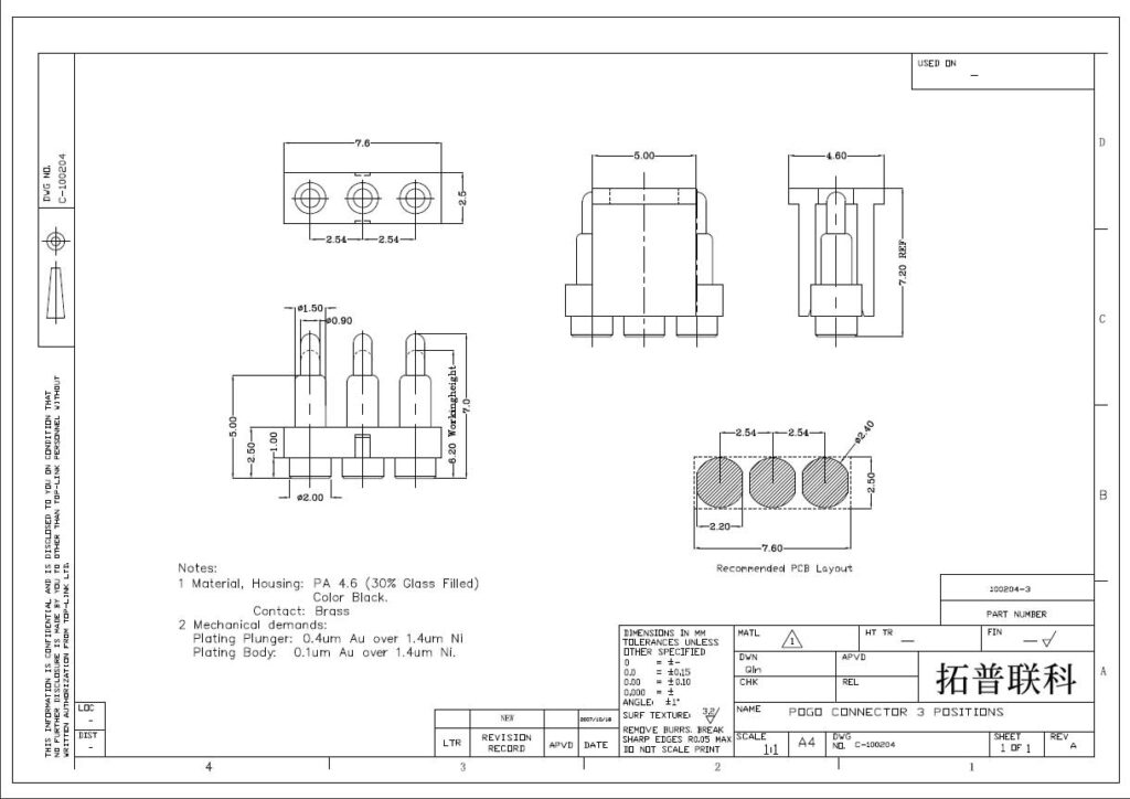 pitch 2.54mm smt 3 pin pogo pin connector, spring loaded contact pins ...