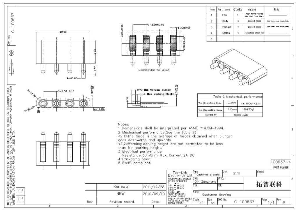 ultra-thin 4-pin micro pogo pin connector, side-entry connector - Top-Link